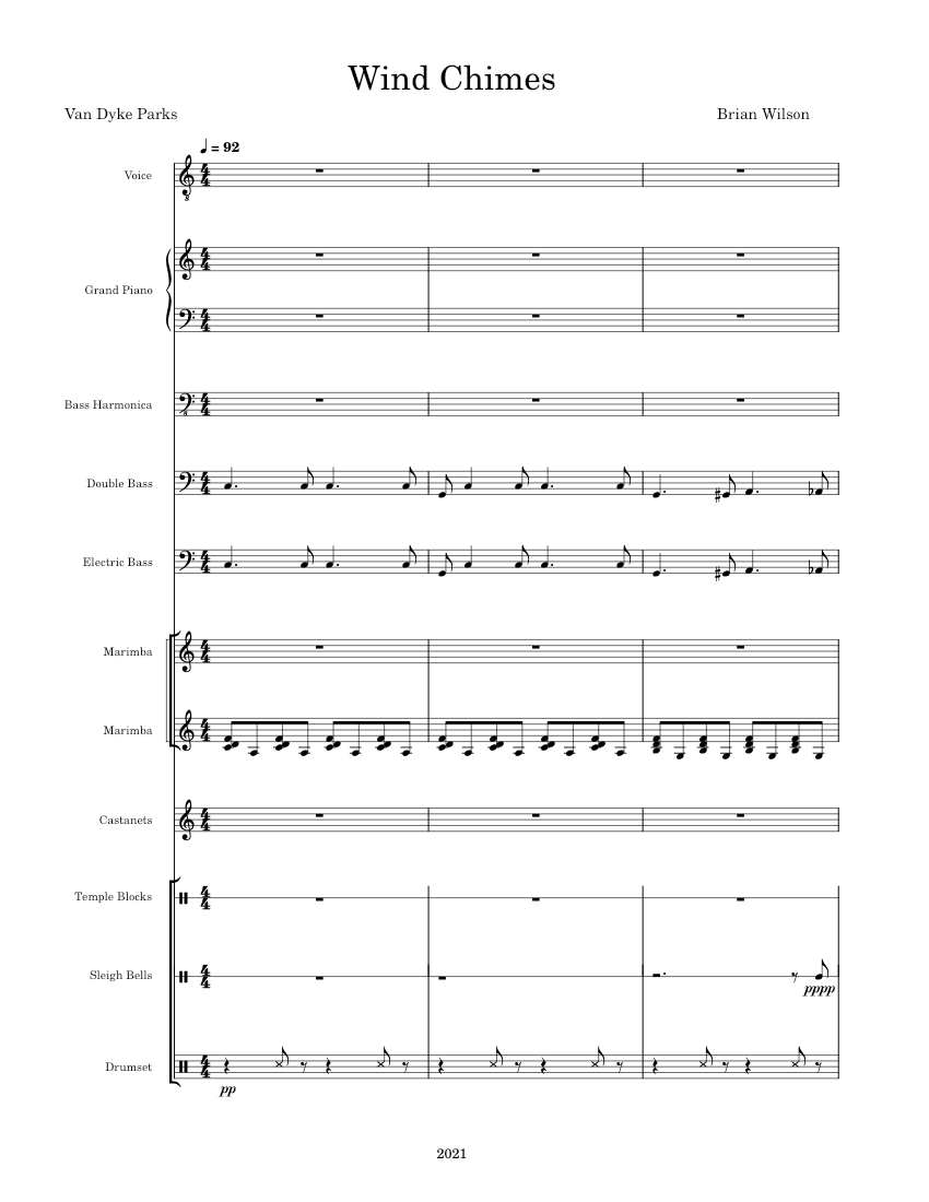 Wind Chimes – The Beach Boys Sheet Music for Piano, Vocals, Contrabass ...