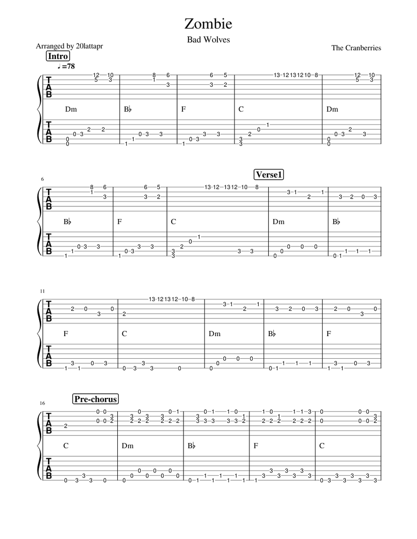 Zombie - Bad Wolves Sheet Music and Tab with Chords for Guitar (Solo ...