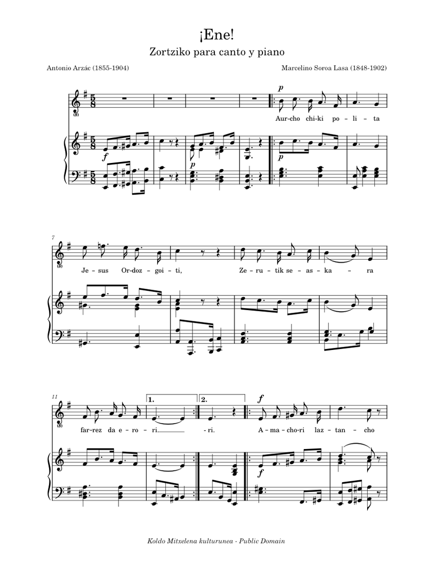 ¡Ene! – Marcelino Soroa Lasa ¡Ene! zortziko Sheet music for Piano ...