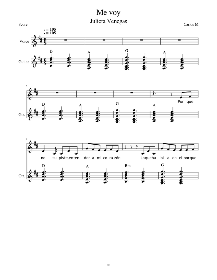 Julieta - Venegas Me voy Sheet music for Vocals, Guitar (Mixed Duet ...