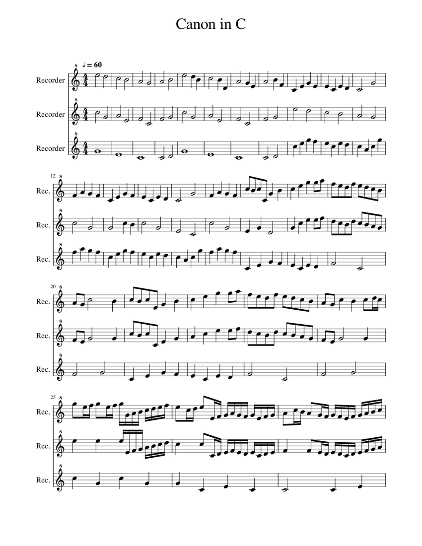 Canon in C recorder trio Sheet Music for Recorder (Mixed Trio ...