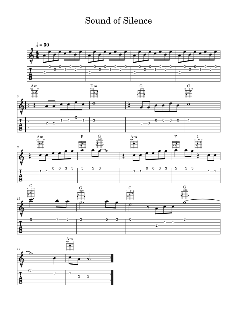 Sound of silence - Tabs & Notations and Chord Chart for Beginners Sheet ...