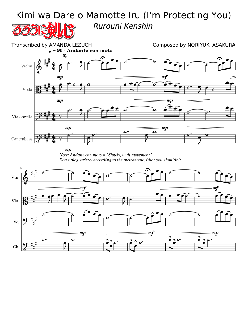 Kimi wa Dare o Mamotte Iru - Rurouni Kenshin Sheet Music for Contrabass ...