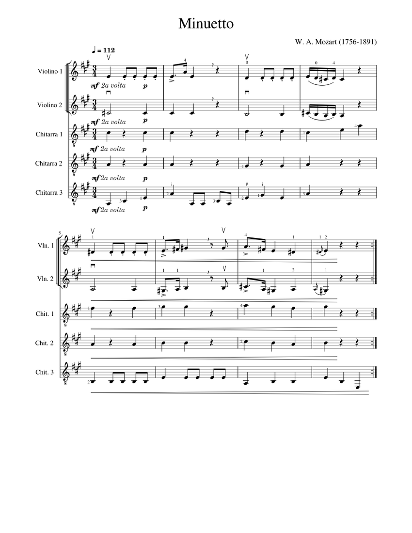 Minuetto 8va sotto Sheet music for Violin, Guitar (Mixed Quintet ...
