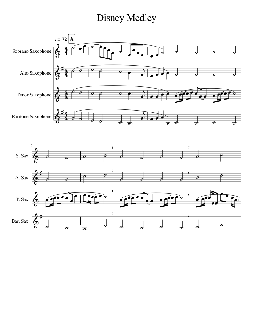 Disney Medley sax quartet Sheet Music for Saxophone alto, Saxophone ...