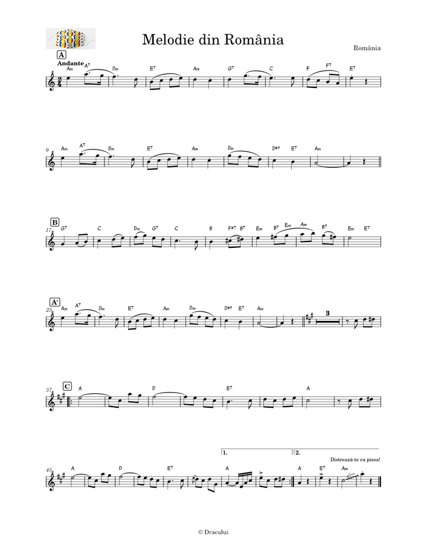 Melodie din România Sheet Music with Chords for Recorder (Concert Band ...