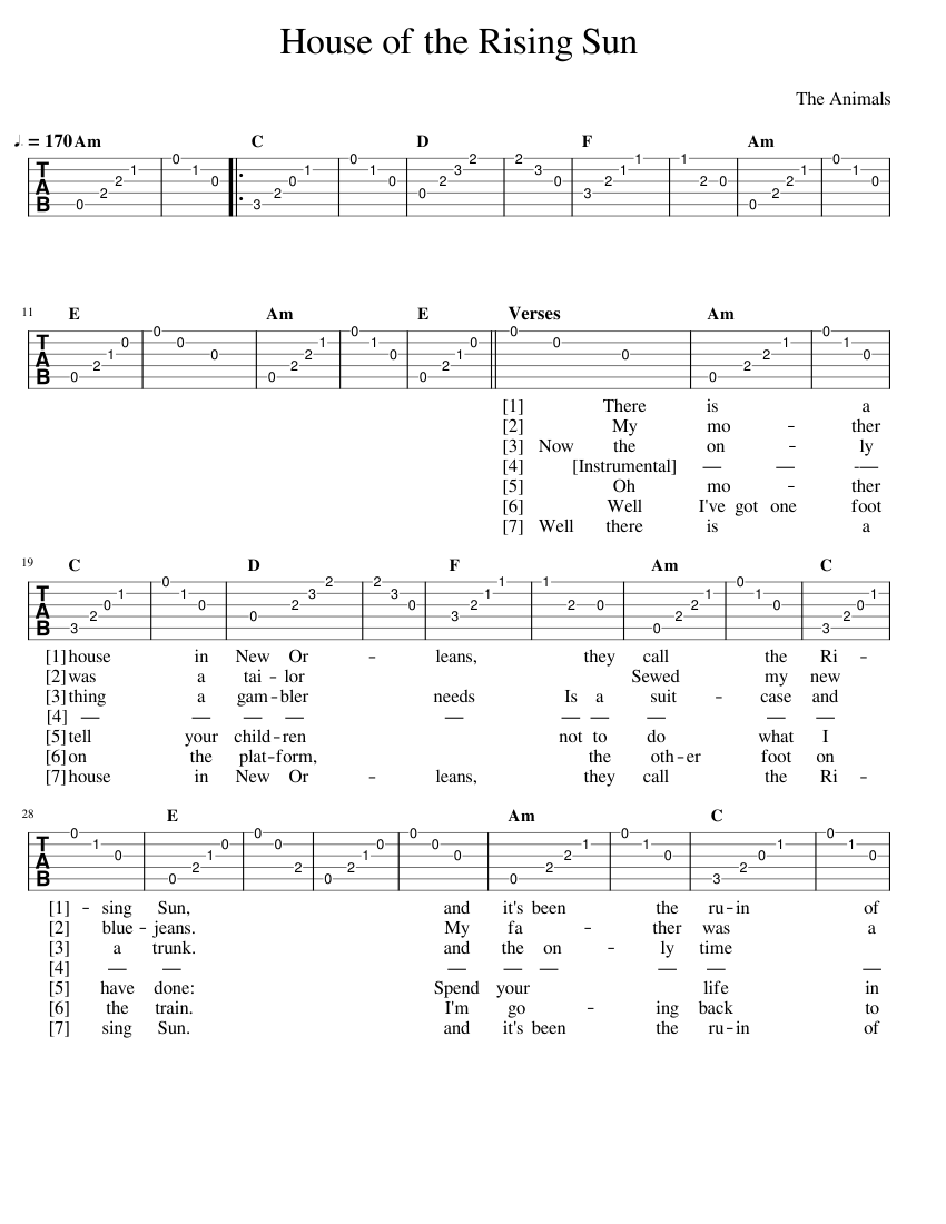 House of the Rising Sun Sheet music for Guitar (Solo) | Musescore.com