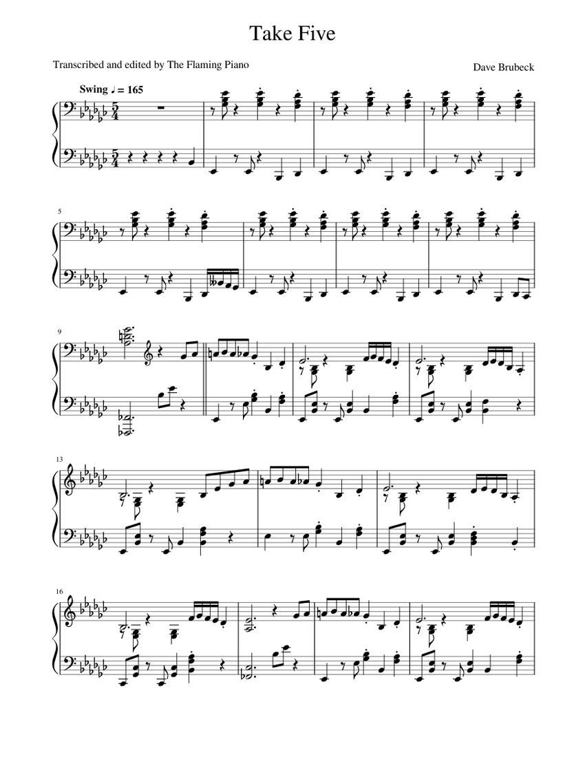 Take Five played by Terrance Shider Sheet Music for Piano (Solo ...