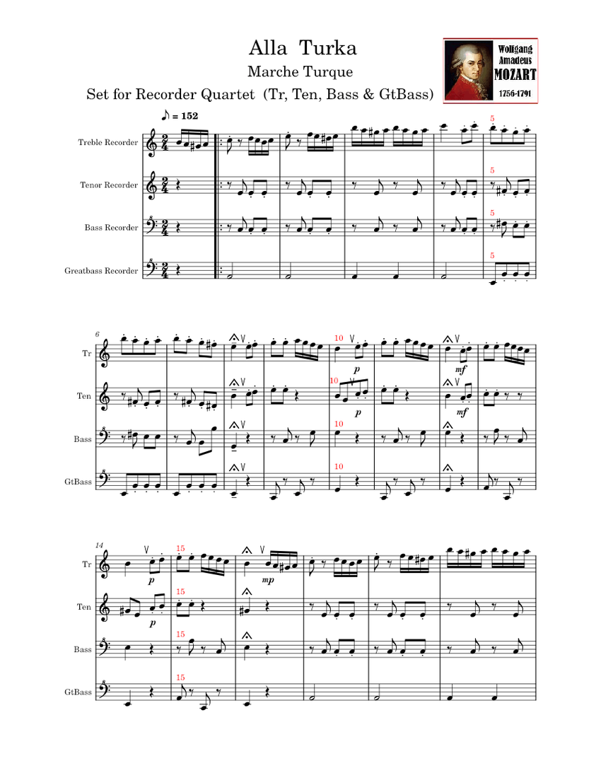 Alla Turka Quartet:- Tr Ten Bass & GtBass Recorders - piano tutorial