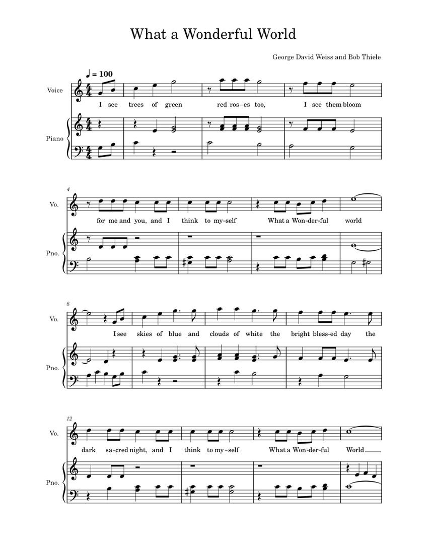 What a Wonderful World Sheet Music for Piano, Vocals (Piano-Voice ...
