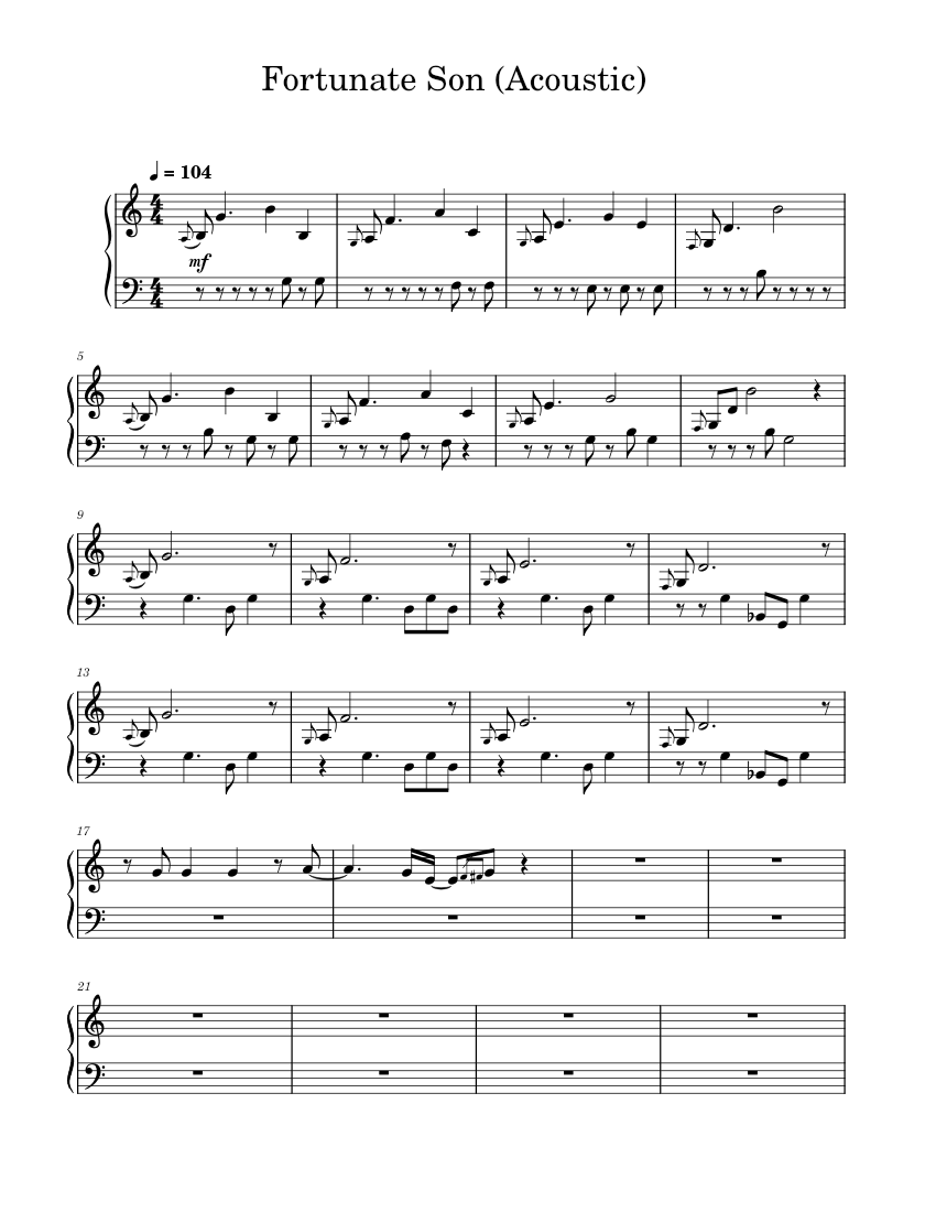 Fortunate son acoustic transcription Sheet Music for Piano (Solo) Easy ...