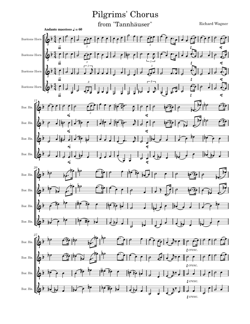 Pilgrim's Chorus from Tannhauser Sheet Music for Baritone horn (Brass Quartet) | MuseScore.com