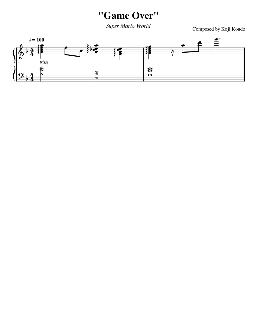 Game Over Theme - Super Mario World Sheet Music for Piano (Solo) easy ...