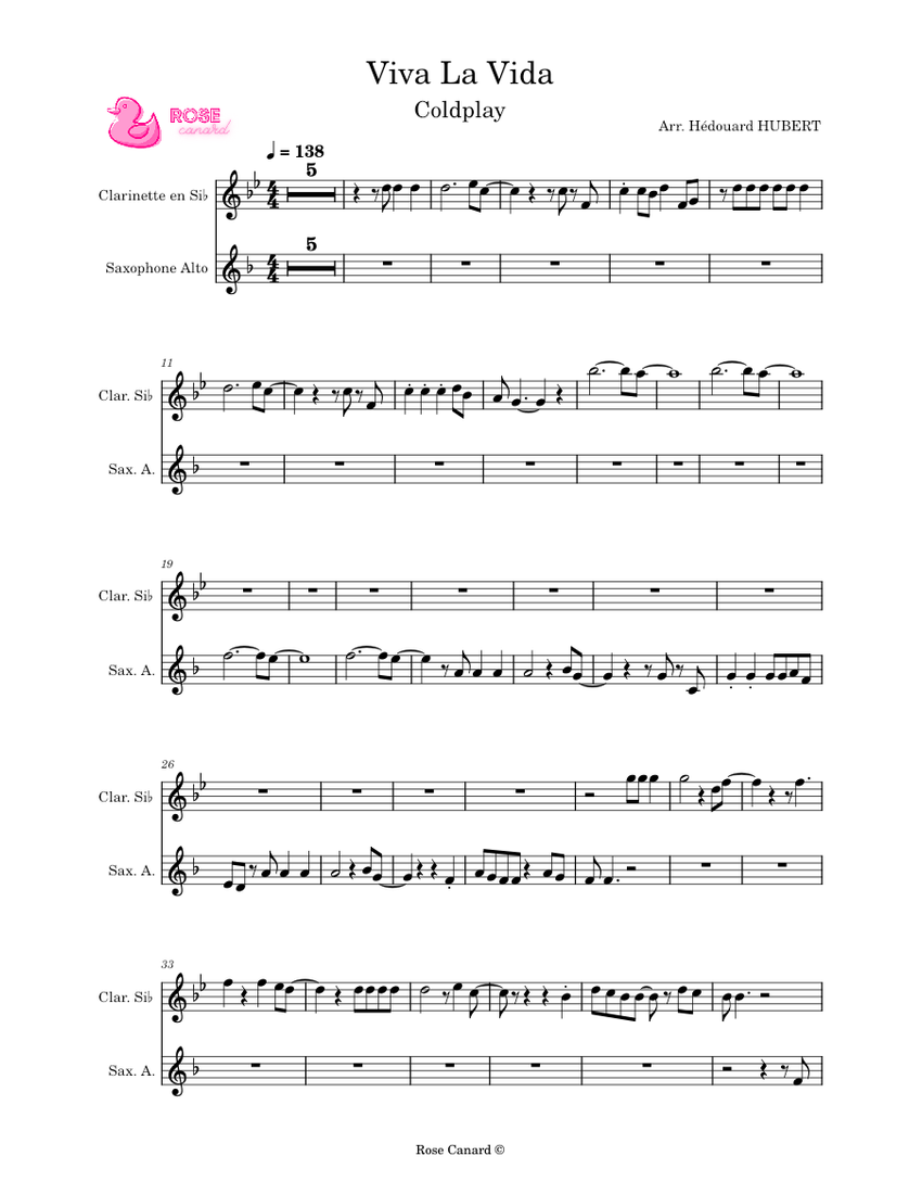 Viva la Vida – Coldplay Sheet music for Clarinet in b-flat, Saxophone ...