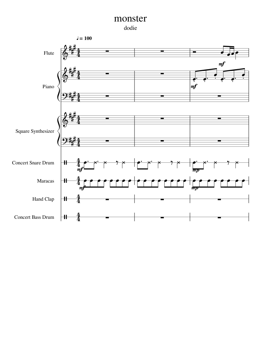 monster Sheet Music for Piano, Flute, Snare drum, Bass drum & more ...