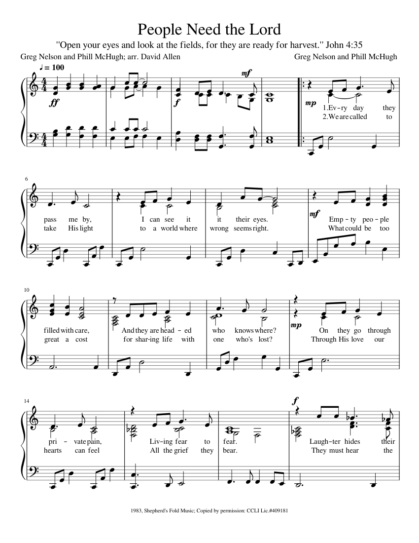 People Need the Lord Sheet Music for Piano (Solo) easy | MuseScore.com