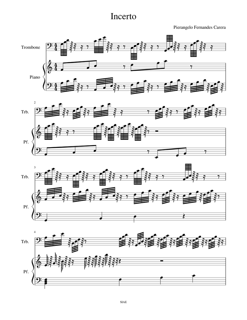 Incerto Sheet music for Piano, Trombone (Solo) | Musescore.com