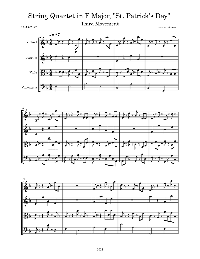 String Quartet in F Major, St. Patrick's Day 3 Sheet Music for Violin ...