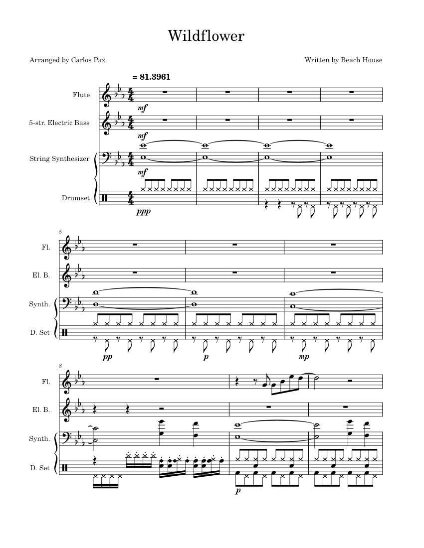 Wildflower - Beach House Sheet Music for Flute, Bass guitar, Drum group ...