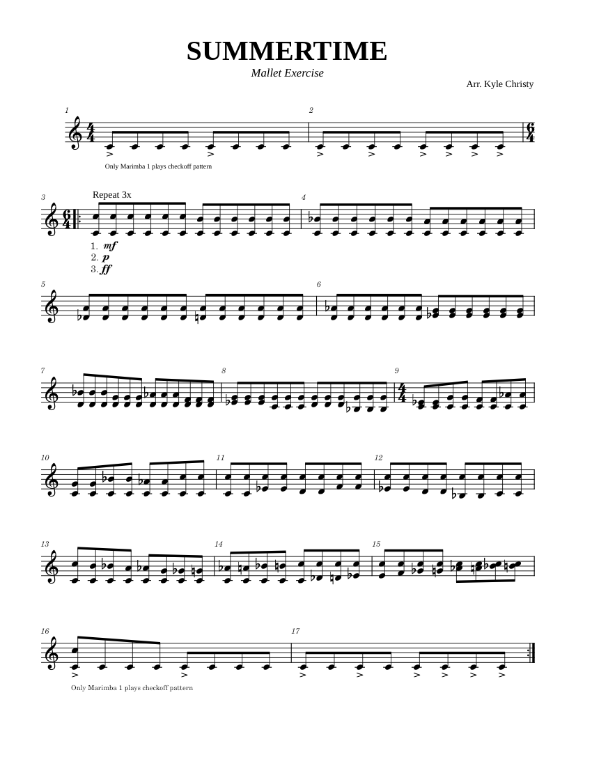SUMMERTIME - Mallet Exercise Sheet Music for Marimba (Percussion ...