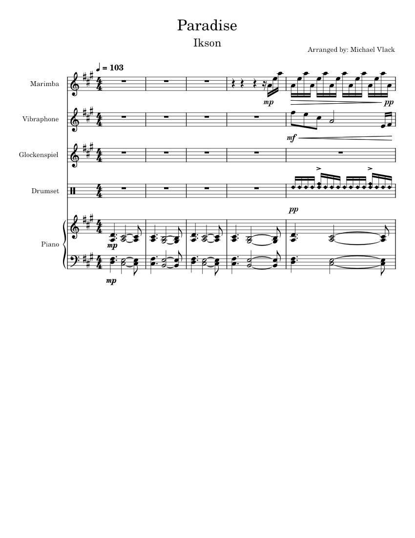 Paradise – Ikson Sheet Music for Piano, Vibraphone, Glockenspiel, Drum ...