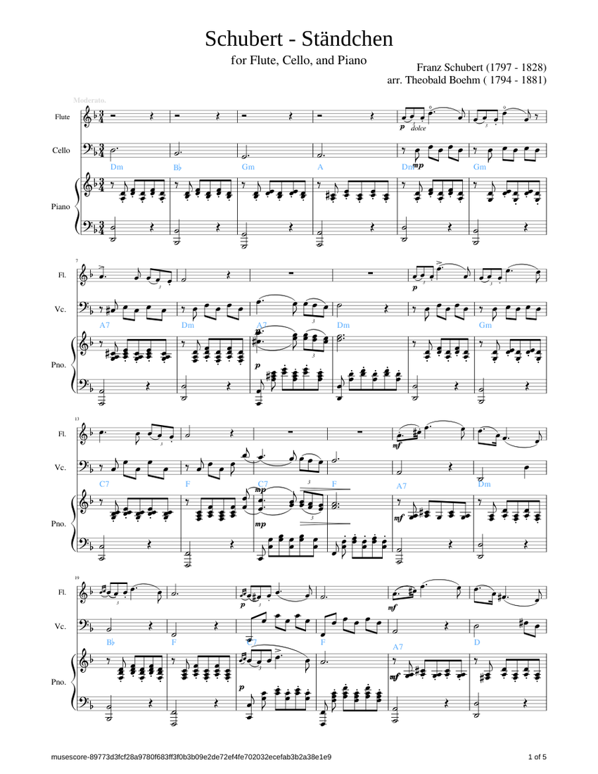 Schubert - Ständchen, for Flute, Cello, and Piano Sheet Music for Piano ...