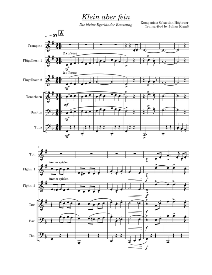 Klein aber fein Sheet music for Trombone, Tuba, Flugelhorn, Trumpet ...