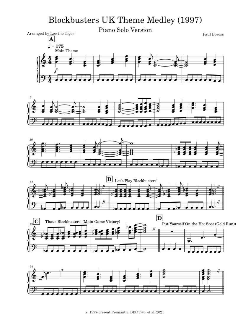 Blockbusters UK Theme Medley (1997) - Piano Solo Version Sheet Music ...