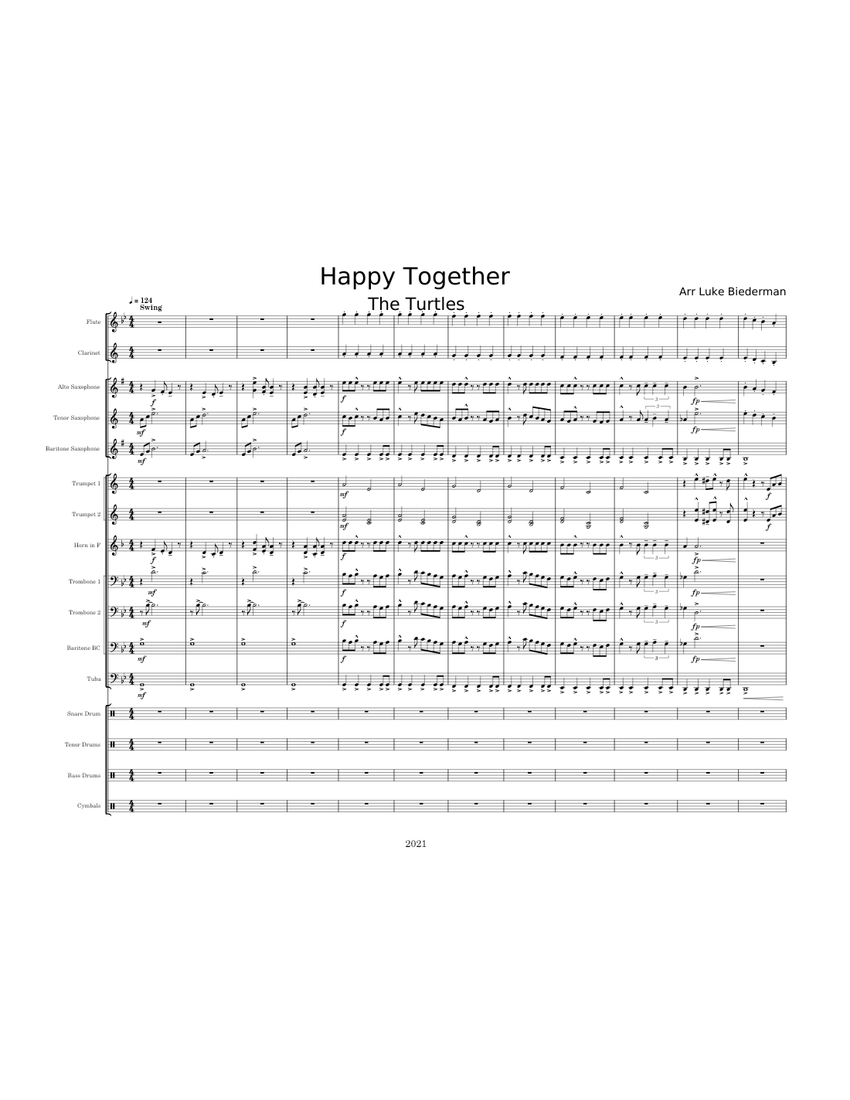 Happy Together Sheet Music for Trombone, Tuba, Flute, Saxophone alto ...