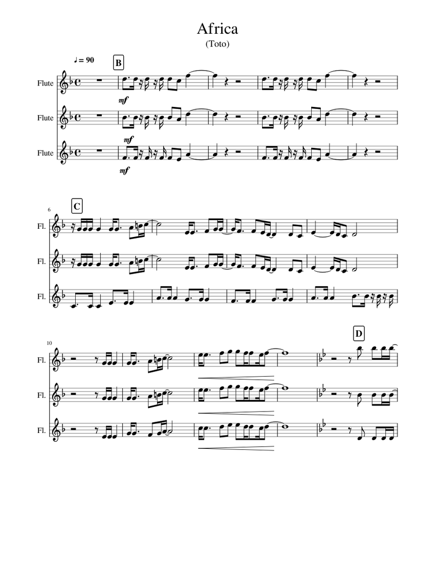 Toto Africa Recorder Short Sheet Music for Piano, Flute (Mixed Quartet ...