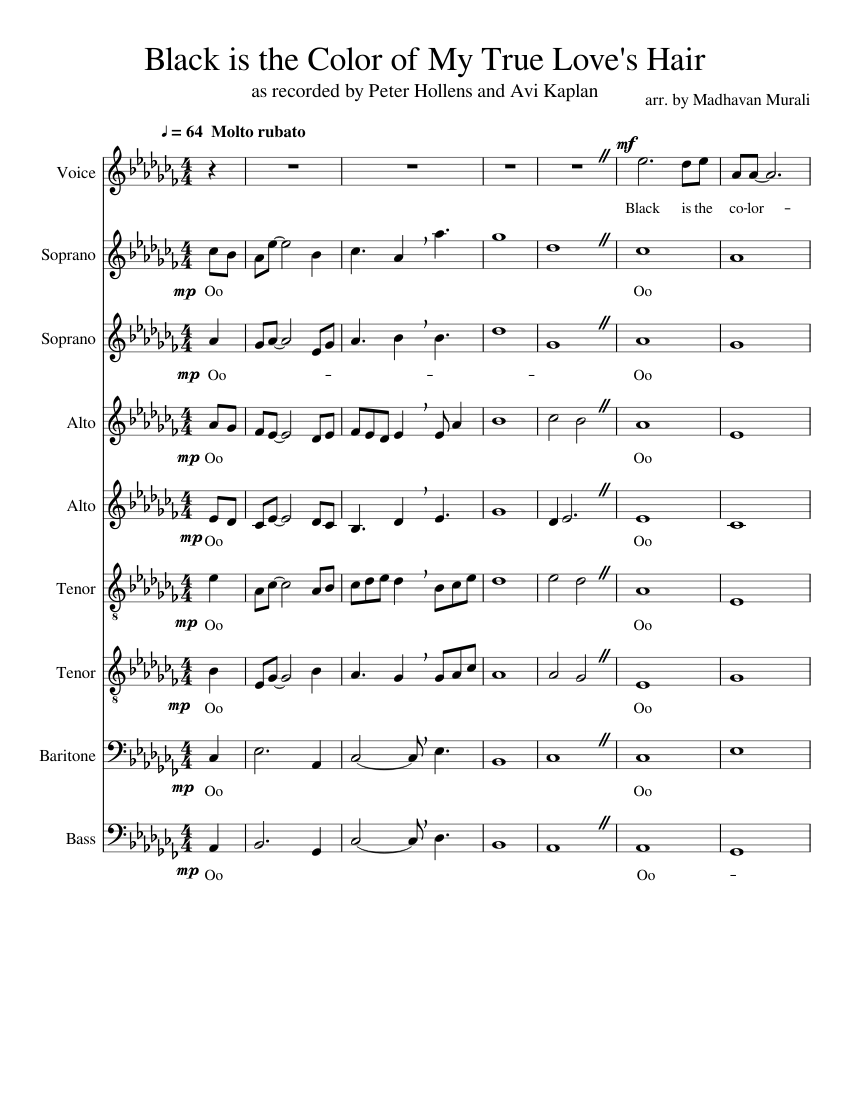 Black is the Color of My True Love s Hair Sheet Music for Soprano, Alto ...