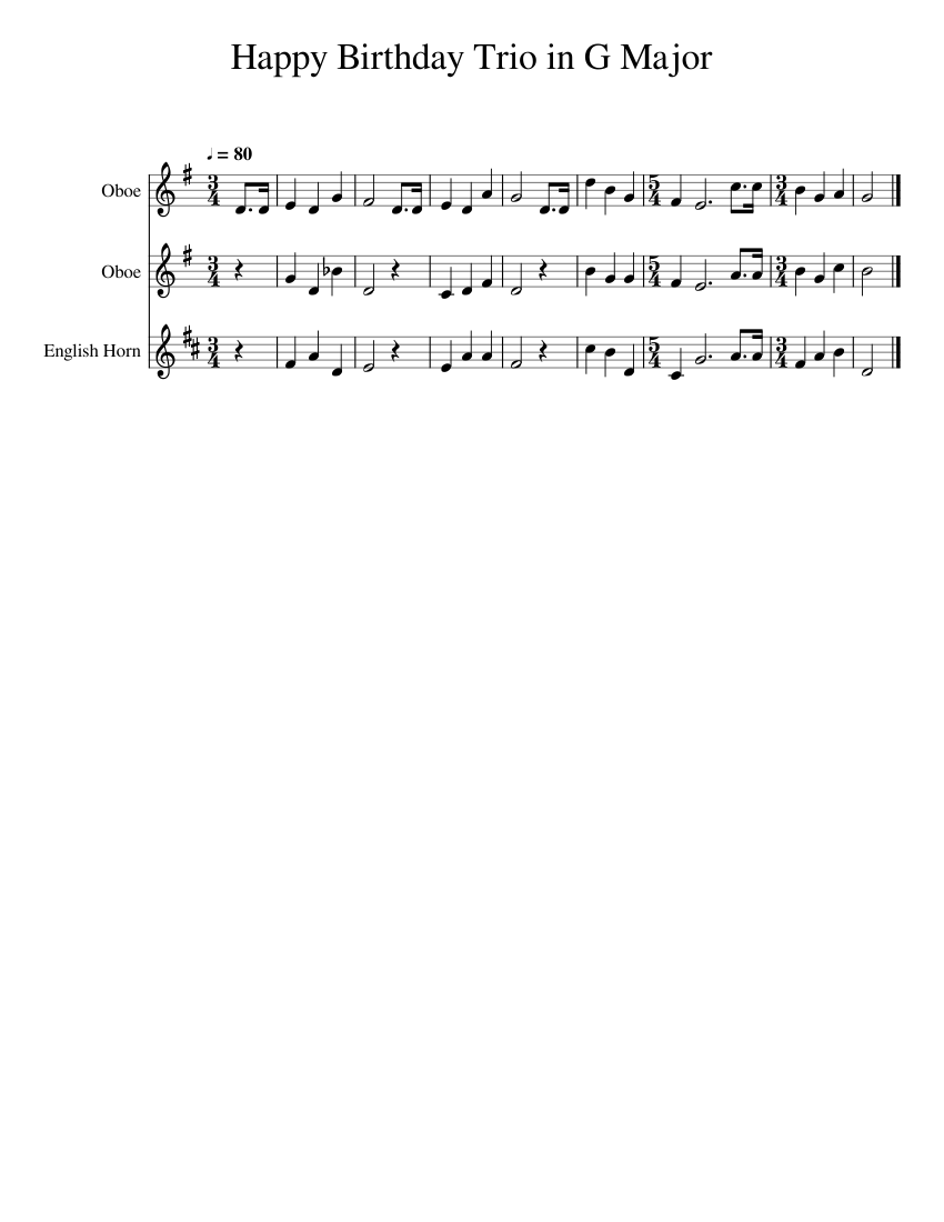 Happy Birthday Trio in G Major Sheet Music for Oboe (Mixed Trio ...