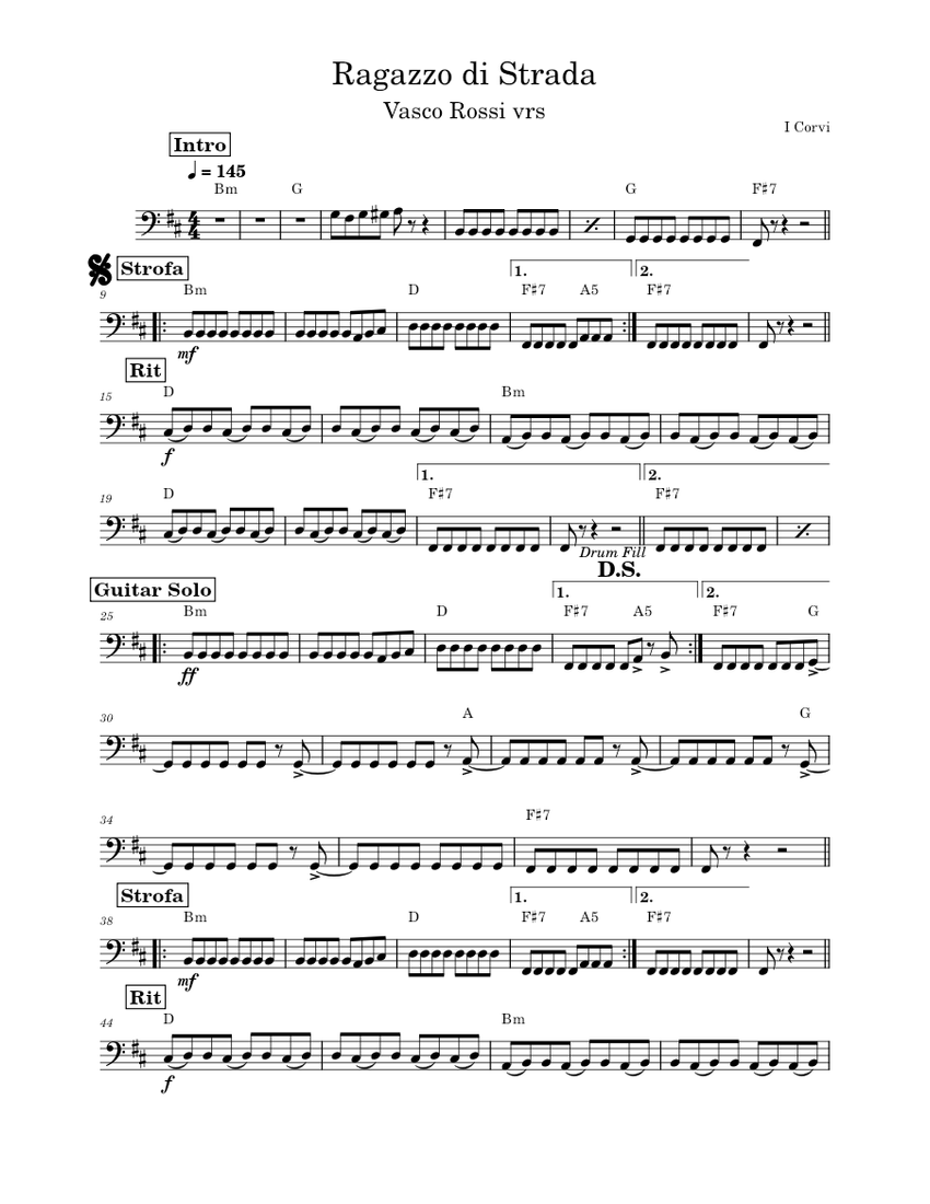 Ragazzo di strada – Vasco Rossi Sheet music for Bass guitar (Solo ...