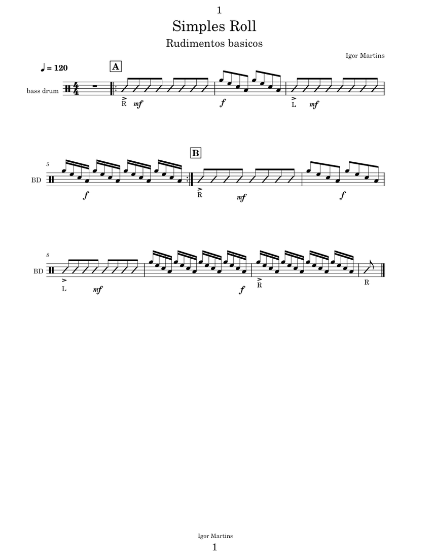 Simples Roll Bass Drum Sheet Music for Bass drum (Marching Band ...