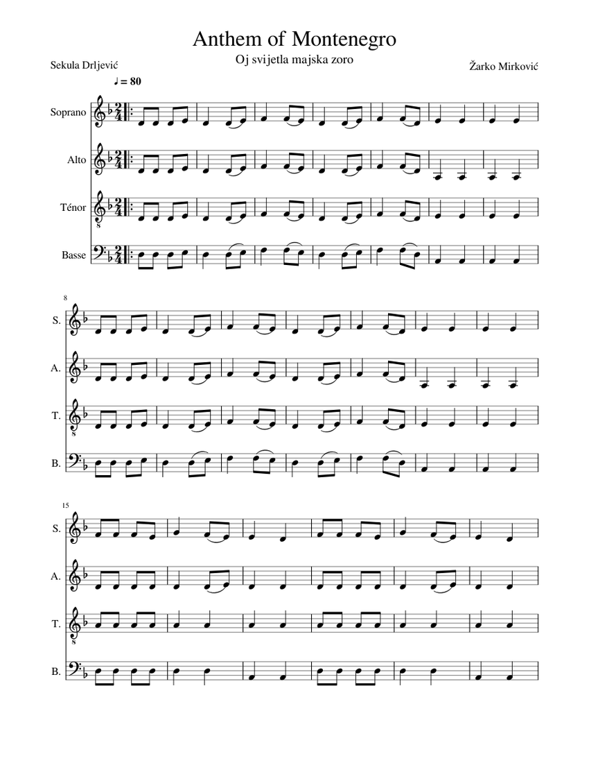 Anthem of Montenegro Sheet Music for Soprano, Alto, Tenor, Bass voice ...