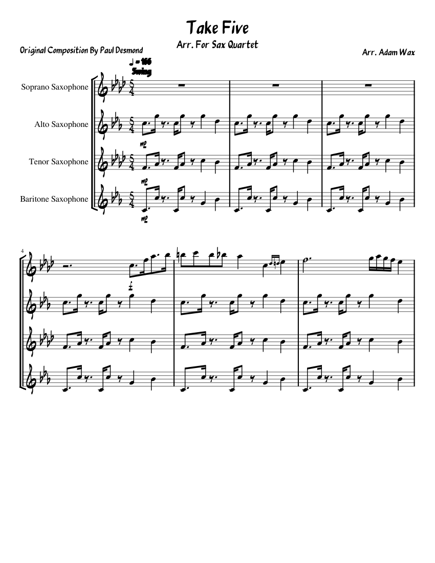 Take Five For Sax Quartet Sheet music for Saxophone alto, Saxophone ...