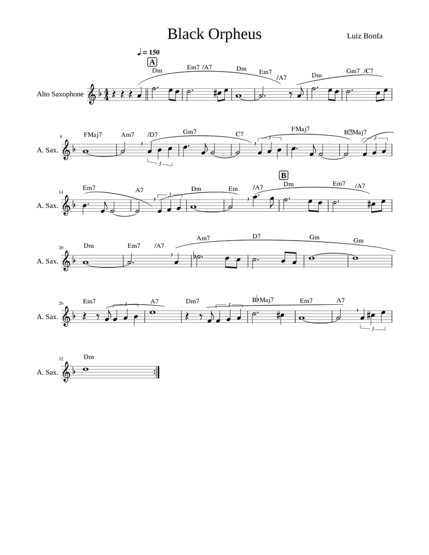BLACK ORPHEUS – Luis Bonfa Sheet Music for Saxophone other (Solo ...