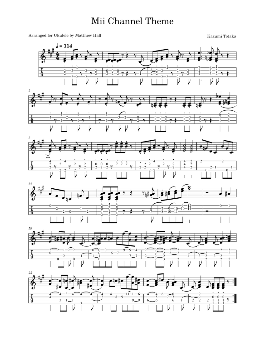 Mii Channel Theme – Kazumi Totaka Sheet Music and Tab for Ukulele (Solo ...