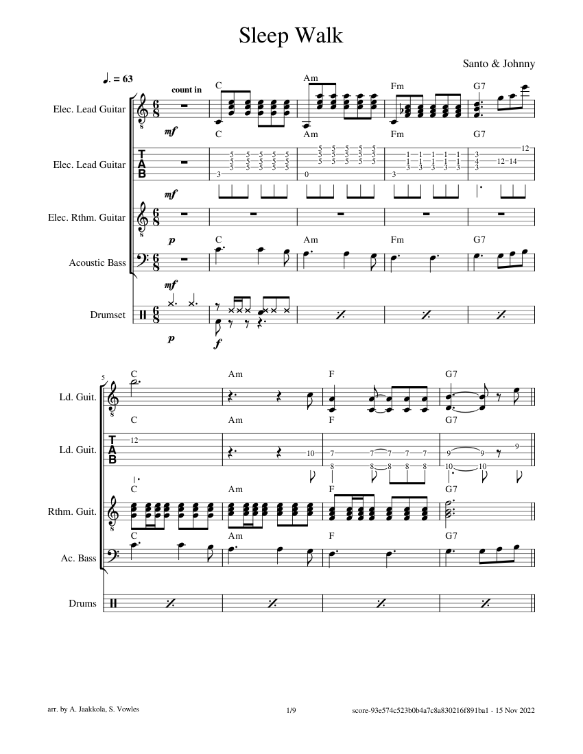 Sleep Walk (Santo & Johnny) Sheet Music and Tab with Chords for Guitar ...