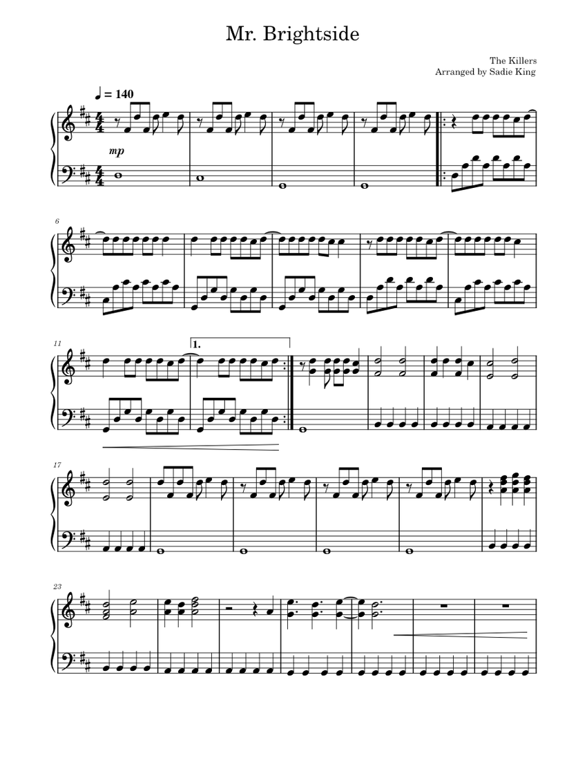 Mr. Brightside – The Killers - Easy/Medium piano Sheet Music for Piano ...