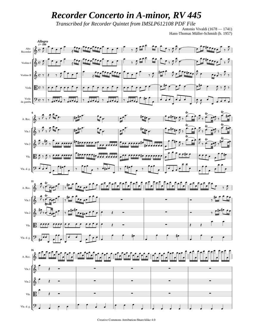 Vivaldi, A. _ Recorder Concerto a-moll, RV 445 [Rec, Strings] Sheet ...