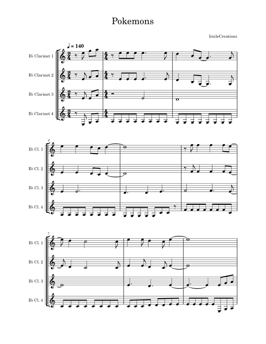 Pokemon Theme for 4 Clarinets (without Chords) (Balanced) Sheet Music ...