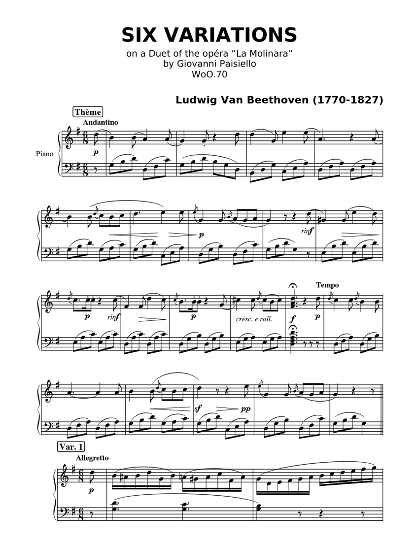 SIX VARIATIONS (Beethoven) Sheet music for Piano (Solo) | Musescore.com