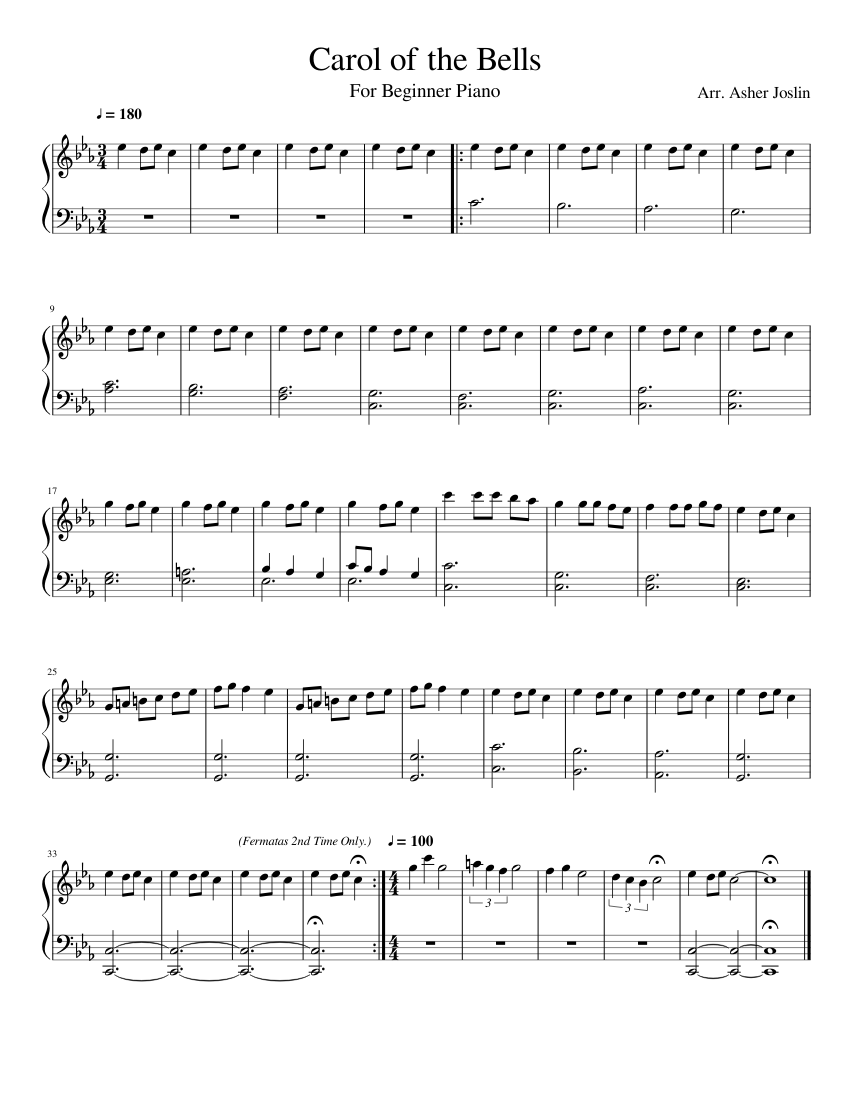 Carol of the Bells for Beginner Piano Sheet Music for Piano (Solo) easy ...