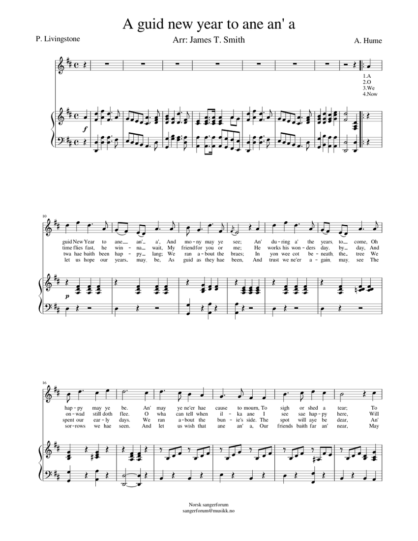 A guid New Year to ane an' a' – Alexander Hume Sheet Music for Piano ...