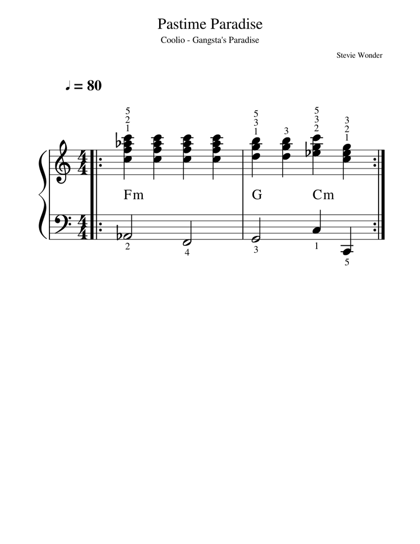 Pastime Paradise / Gangsta's Paradise Sheet Music with Chords for Piano ...