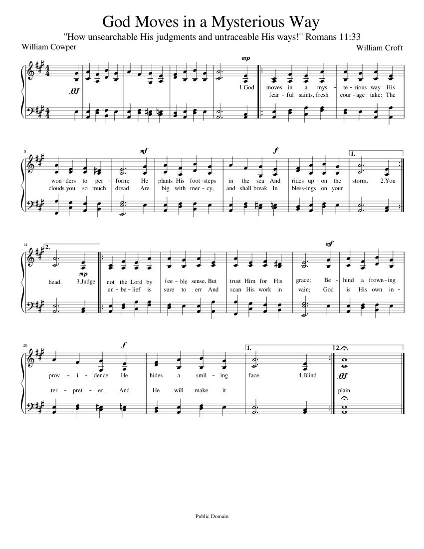 God Moves in a Mysterious Way Sheet Music for Piano (SATB) easy ...