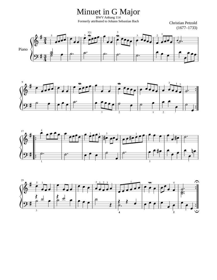 Minuet in G Major (with finger numbers) Sheet Music for Piano (Solo ...