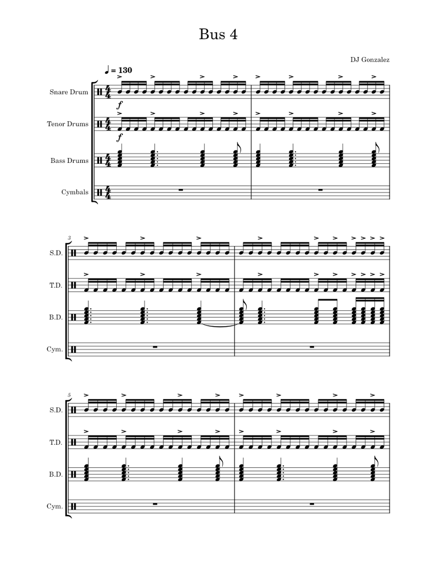 Bus 4 Sheet music for Snare drum, Crash, Tenor drum, Bass drum ...