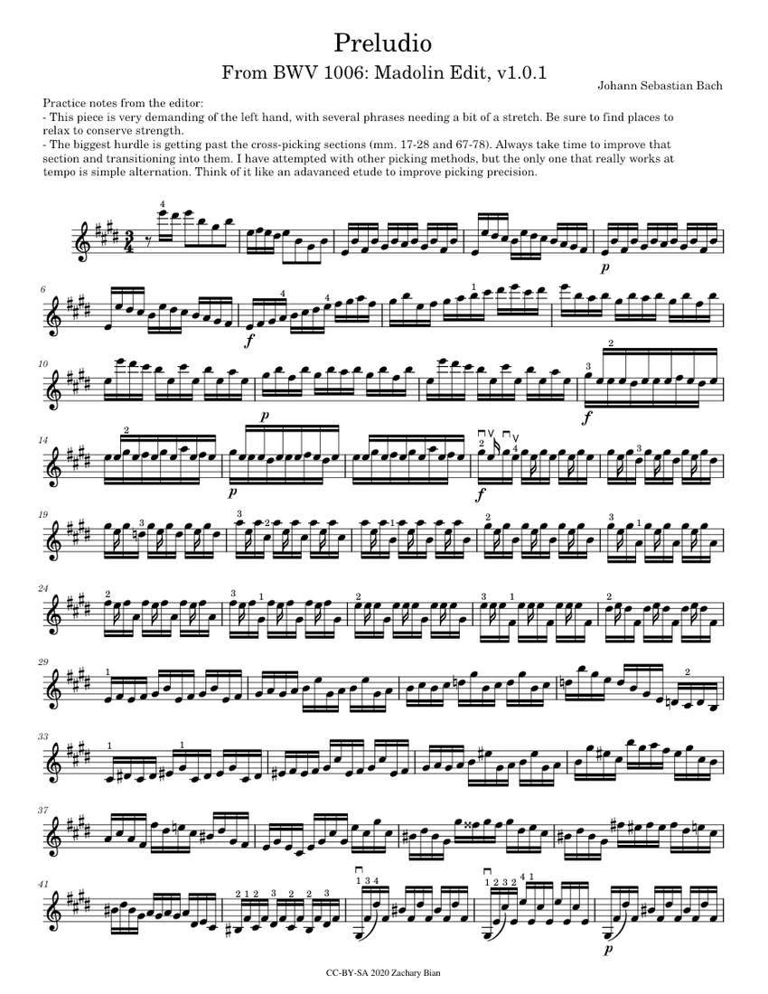 Bach-Preludio from BWV 1006 (Mandolin Edit) Sheet Music with Chords for ...